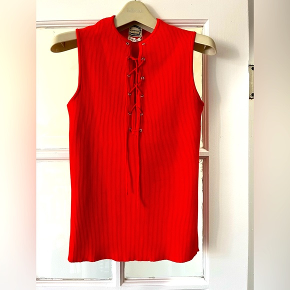 Tops | Vintage Cherry Red Ribbed Top With A Tieneck | Poshmark
